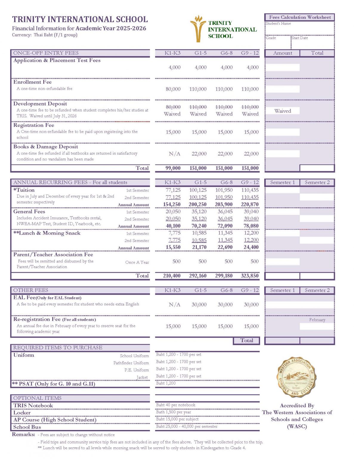 Tuition and Fees – Trinity International School
