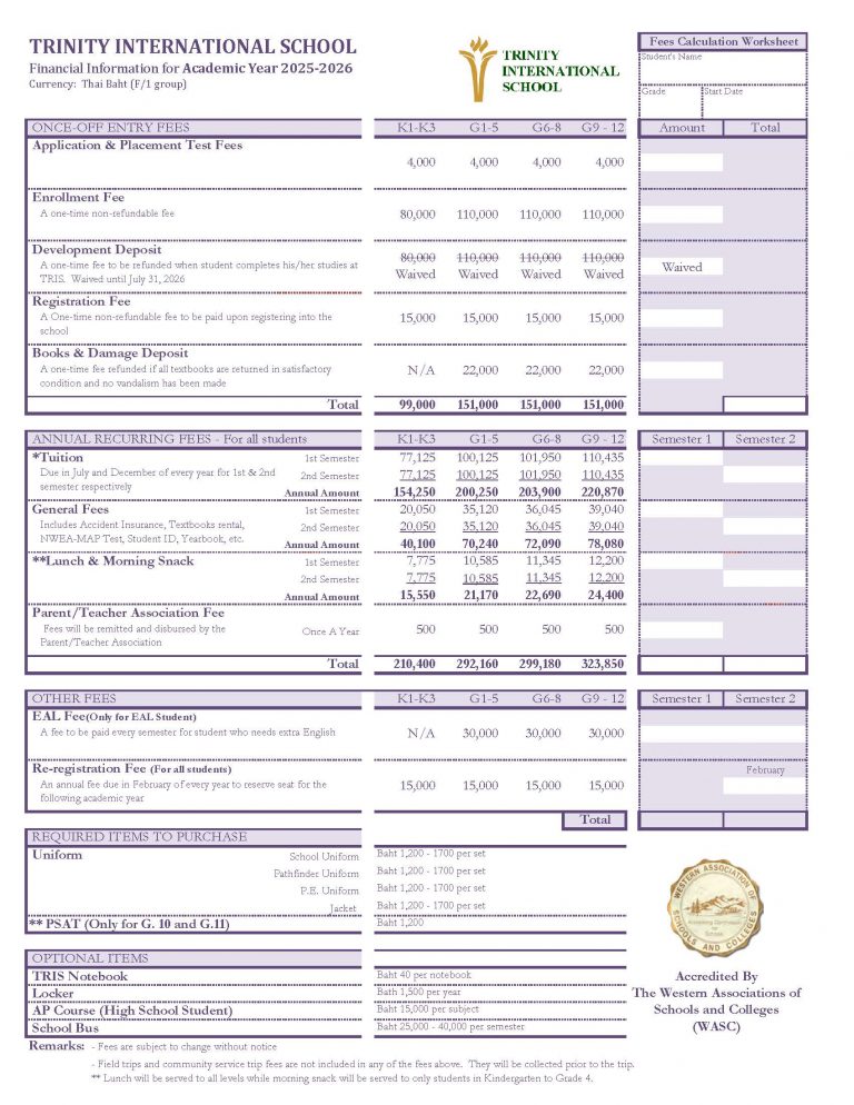 Tuition and Fees – Trinity International School